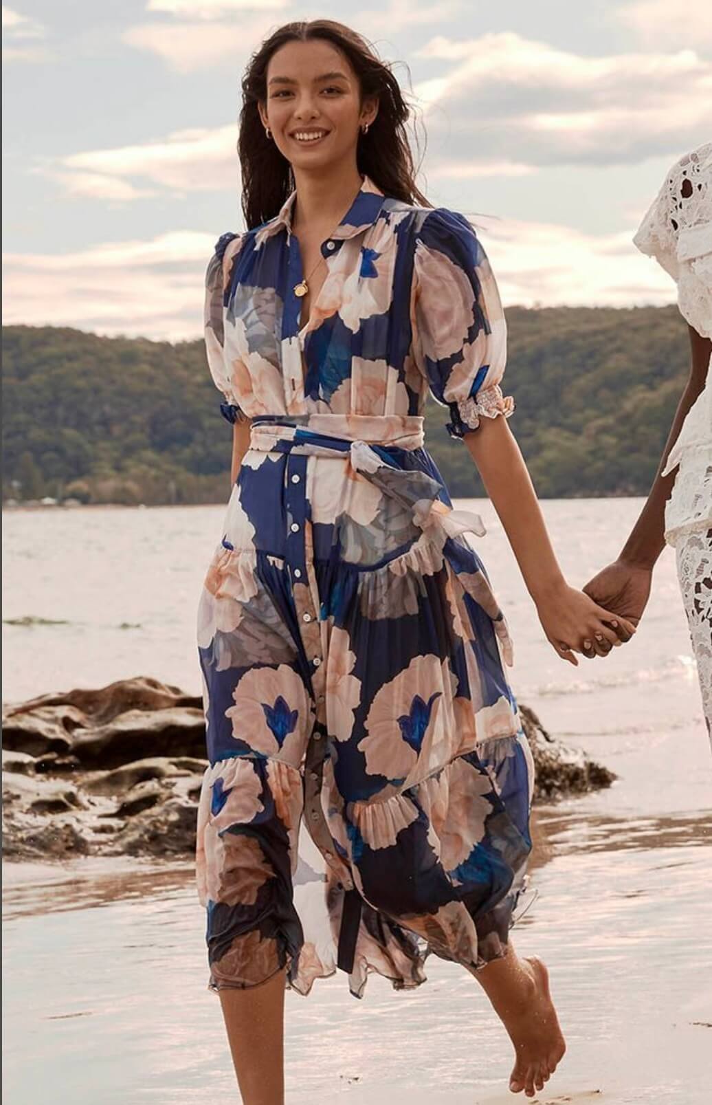 Leo Lin Ellie Bishop Sleeve Midi Dress Rosebud Print Navy Size 16