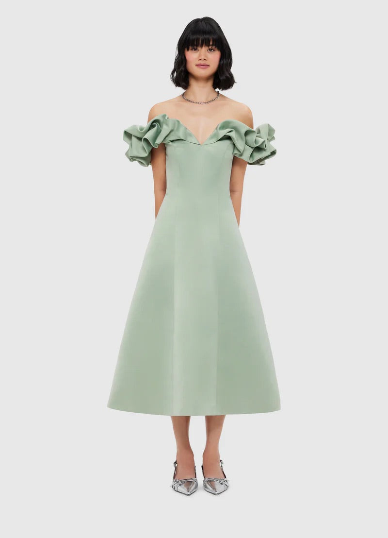 Leo Lin Annie Off Shoulder Frill Midi Dress - Sage